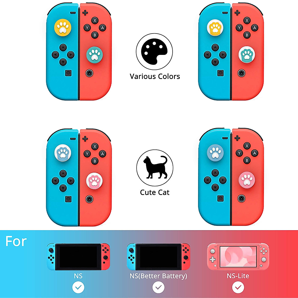 Ferkurn Switch Thumb Caps for Switch Joy-con Grip Switch Lite Thumb Grips, Joycon Joystick Caps Analog Cat Paw Grip Button Cap Joycon Cover Controller Accessories Skin Thumbstick Grip