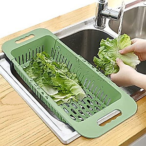 MineSign Extendable Over the Sink Colander Fruits and Vegetables Drain Basket Adjustable Strainer Sink Washing Basket for Kitchen (Green)