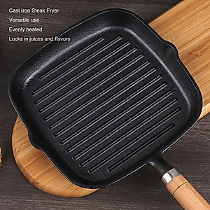 REUIQU Grill Pan, Square Cast Iron Grill Pan Steak Pan with Nonstick Surface, Sear Ridges and Wooden Handle, Multipurpose Prevents Stick Quadrate Steak Pan for Bacon Steak Onion
