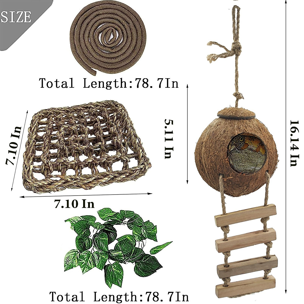 MUYG 6PCS Crested Gecko Coconut Hut, Lizard Coco Den with Ladder and Reptile Hammock Bearded Dragon Tank Accessories Climbing Hanging Plants Jungle Vine Flexible Reptile Leaves Decor