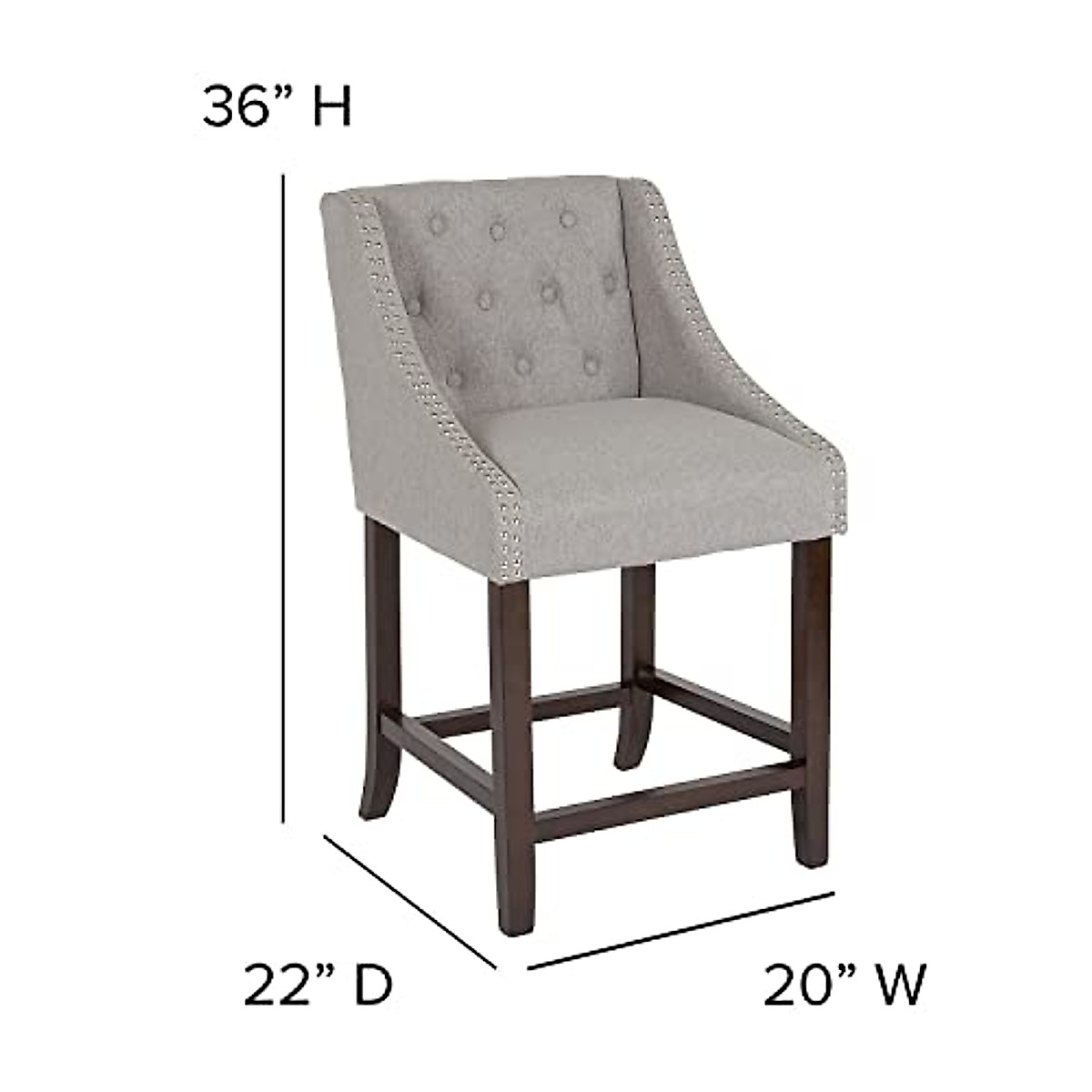 Flash Furniture 2 Pack Carmel Series 24" High Transitional Tufted Walnut Counter Height Stool with Accent Nail Trim in Light Gray Fabric