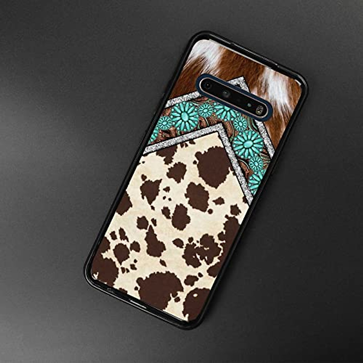 KSHSAA Designed for LG V60 ThinQ 5G Western Case, Western Cowhide Turquoise and Brown Animal Print Designed for LG Case Women Men, Soft Silicone Shockproof Case for LG