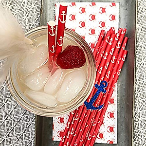 Anchor Nautical Themed Paper Straws - Red and White - 7.75 Inches - 100 Pack - Outside the Box Papers Brand