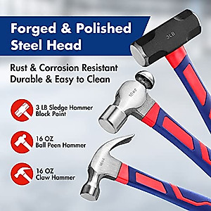 WORKPRO 5-Piece Hammer Set, Forged & Polished Steel Head, Fiberglass Handle, 32oz Rubber Mallet | 16oz Claw Hammer | 3lb Sledge Hammer | 16oz Ball Peen Hammer | 22oz Double-Faced Mallet