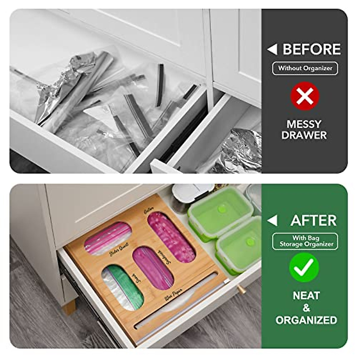 Kitchen Drawer Ziplock Bag Organizer with Foil Wrap Dispenser and Cutter | Bamboo Ziplock Bag Organizer for Drawer | Baggie Organizer Compatible with Snack, Slider, Quart, Gallon, Sandwich Bag Sizes