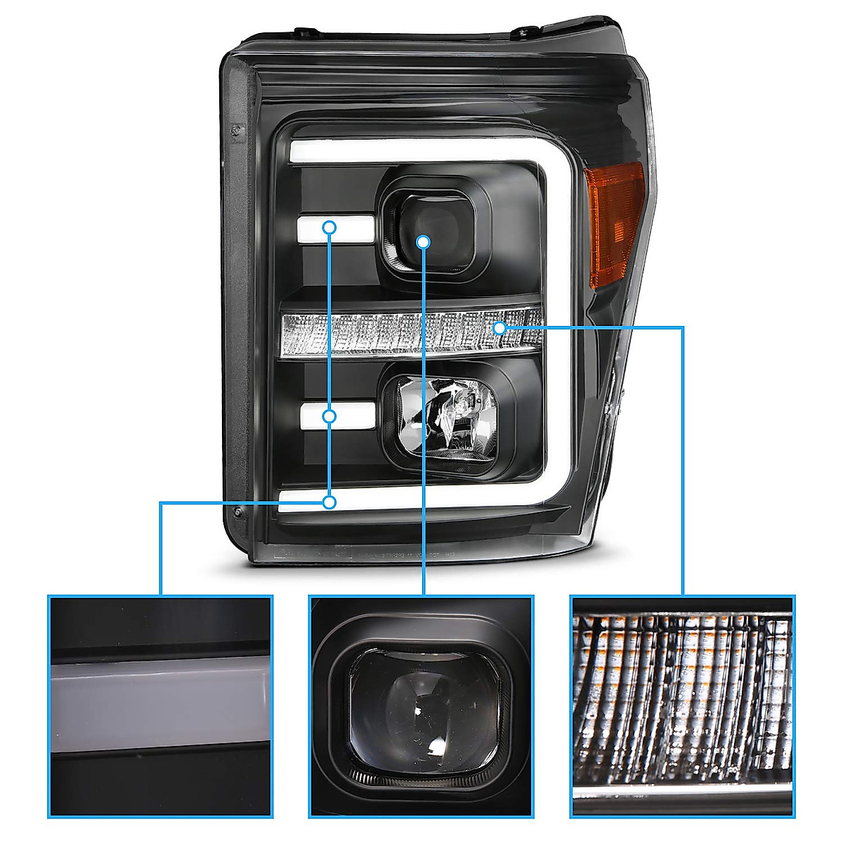 AmeriLite Replacement Headlights for 2011-2016 Ford F250/350/450 Super Duty Switchback LED Tube Projector Black Assembly Set - Passenger and Driver Side