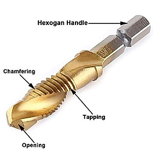 6PCS Titanium Combination Drill and Tap Bits Set, 1/4" Hex Shank HSS SAE Screw Tapping Bit with Center Punch Tool for Drilling, Tapping and Countersinking (Metric M3-M10)