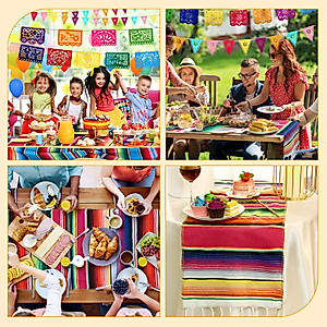 10 Pack 14 x 84 in Mexican Serape Table Runners, 29 Pcs Papel Picado Banner, Fiesta Hanging Banner and Pennant Flag Banner Colorful Bunting Banner for Mexican Theme Party (Rose, Blue, Orange, Yellow)