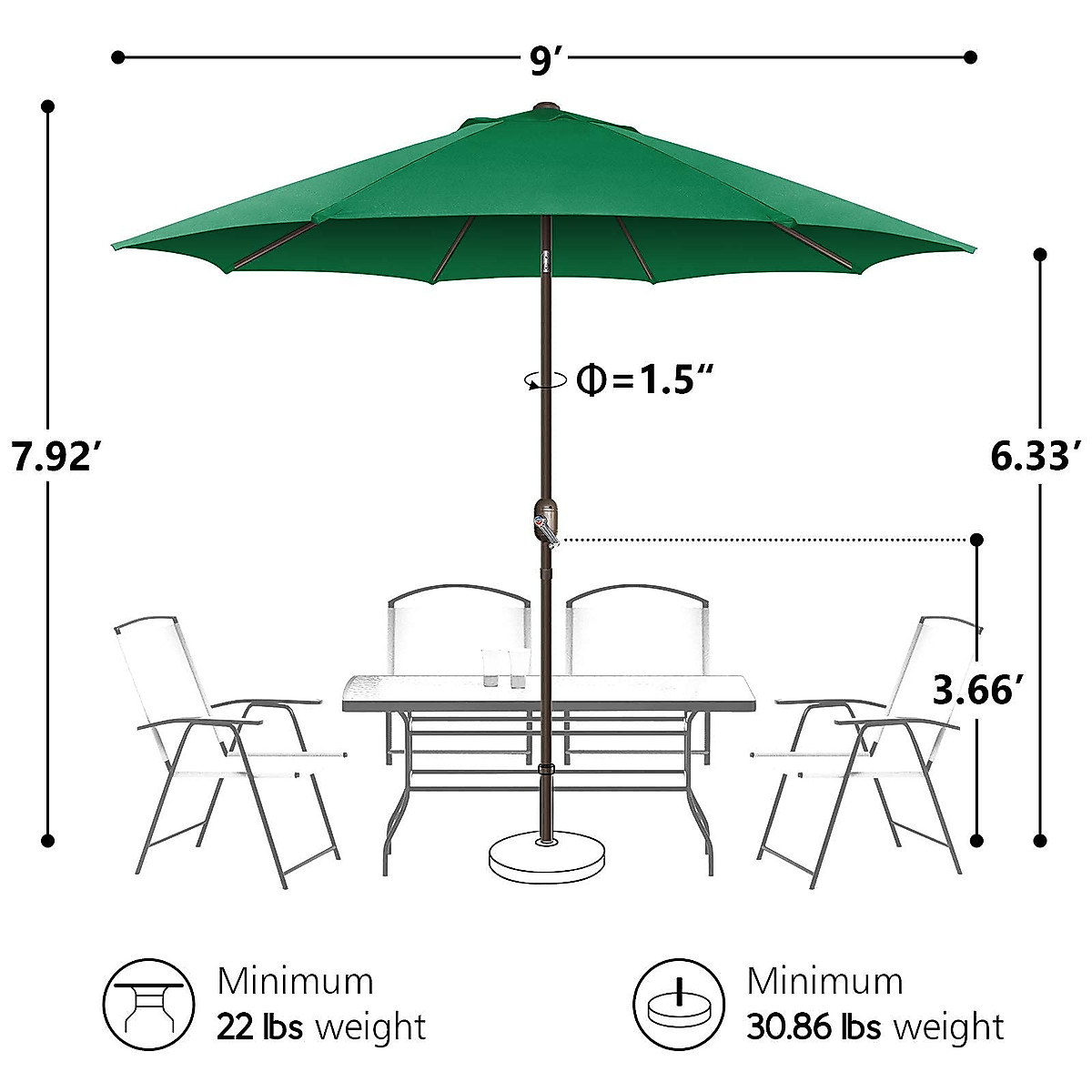 Funsite 9ft Patio Umbrella, UV Protect Pool Umbrella with Heavy Duty Pole, Ventilate Design Outdoor Umbrella with Push Botton Tilt & Crank Ideal for Garden, Lawn, Deck, Backyard&Pool, Grass Green
