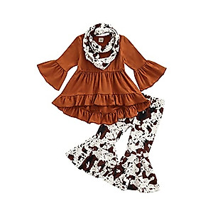 Toddler Baby Girls Outfit Ruffle Long Sleeve Dress Shirt Tops+Flared Pants+Scarf 3Pcs Fall Winter Clothes (Cow print-Brown, 12-18 Months)