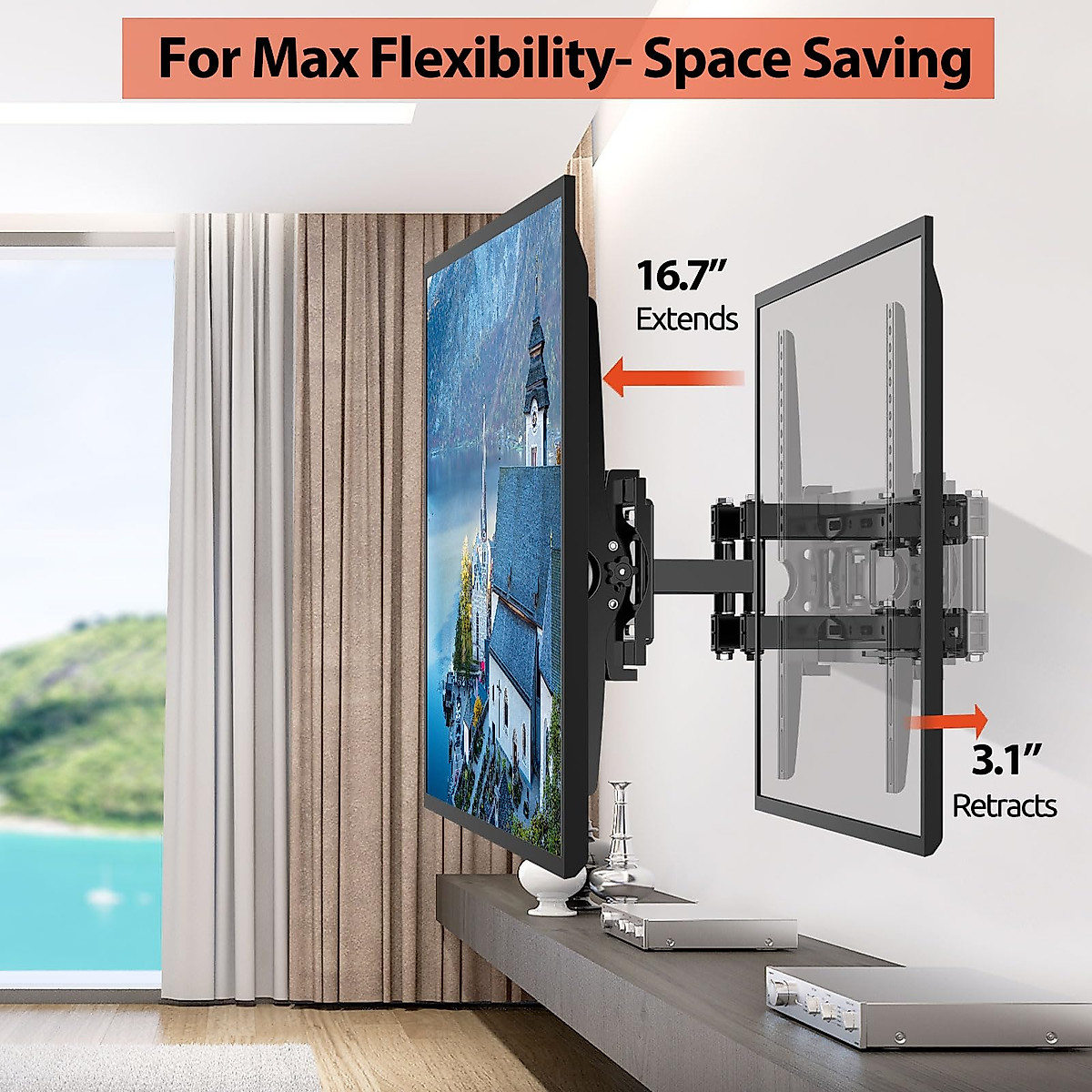SJBRWN Full Motion TV Wall Mount for 26-65 Inch Flat Curved Screen TVs,Tilt and Swivel TV Mount with Articulating 6 Arms Extension Rotation, Max VESA 400X400mm Ups to 99 lbs Wall Mount TV Bracket
