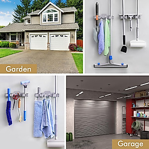 DrDirt Plastic Broom Holder Wall Mount Set,Tool Organizer Broom Holder for Home Kitchen Bathroom Laundry Room Closet Garden Garage, Gray