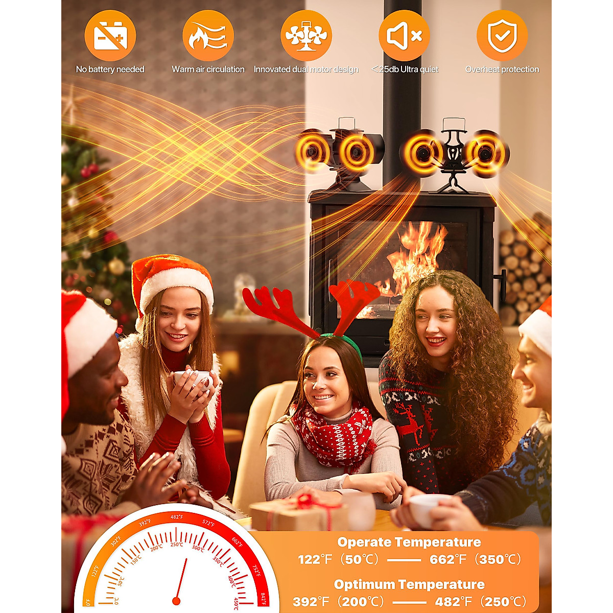 HIDALIFE Wood Stove Fan Heat Powered, Fireplace 8 Blades Fan,Dual Motor Tent Heater and Portable Stove Fan,Thermal Eco Fan for Gas Wood Burner Stove Accessories