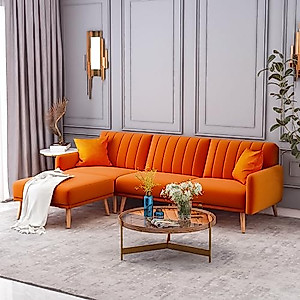 UPHYB L-Shaped Orange Velvet Sectional Recliner Sofa Couch, 105" Modern Convertible Sleeper Sofa Bed with Adjustable Backrest, 3 Seat Sofa Set with Ottoman and 2 Pillows for Living Room and Apartment