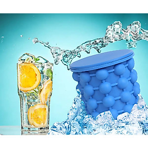 2 in 1 Silicone Ice Bucket and Ice Mold with Lid for Freezing Whiskey, Cocktails, Drinks, Portable Silicone Ice Maker (Blue)