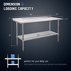 Profeeshaw Stainless Steel Prep Table NSF Commercial Work Table with Backsplash and Undershelf for Kitchen Restaurant 24x60 Inch