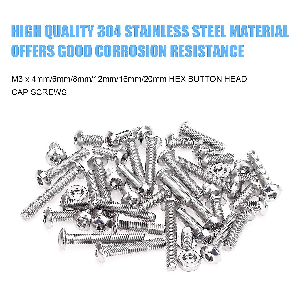 DYWISHKEY 360 Pieces M3 x 4mm/6mm/8mm/12mm/16mm/20mm Stainless Steel 304 Hex Button Head Cap Bolts Screws and Nuts Kit