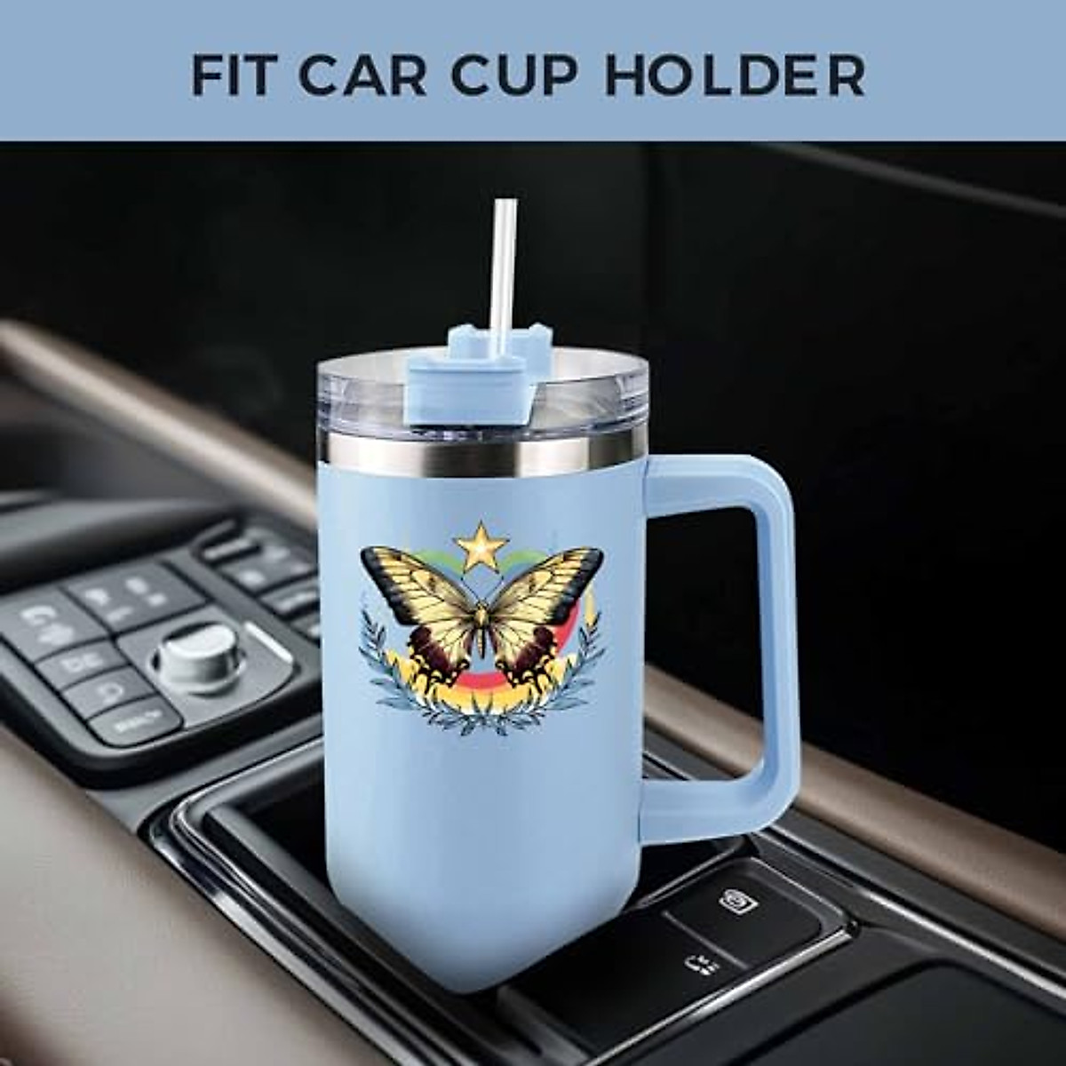 40 Oz Insulated Tumbler with Handle and Straw,Watercolor Butterfly Star Leaf Stainless Steel Vacuum Insulated Travel Mug,Leak-proof Water Bottle Iced Coffee Cup,Vintage Rainbow