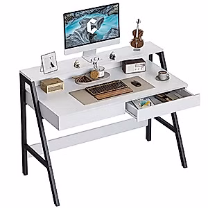 CubiCubi Computer Desk with 2 Storage Drawers, Home Office Writing Desk, Study Table for Small Space, (White, Monitor Stand)