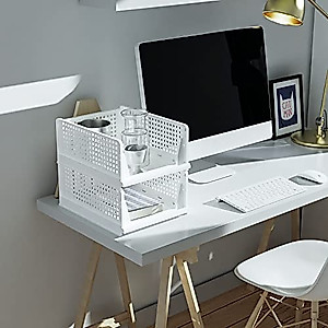 2 Pack Folding Closet Organizers Storage Box, Stackable Plastic Drawer Basket for Clothing, Clothes Storage Container for Bedroom Cupboard(White)