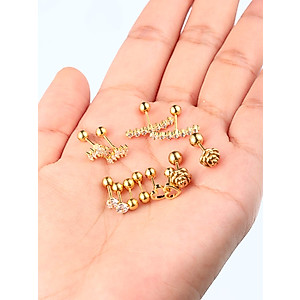 6 Pairs Stainless Steel Tragus Cartilage Earrings Labret Studs Barbell Lip Nose Body Stud Piercing for Men Women Ornament (Gold)