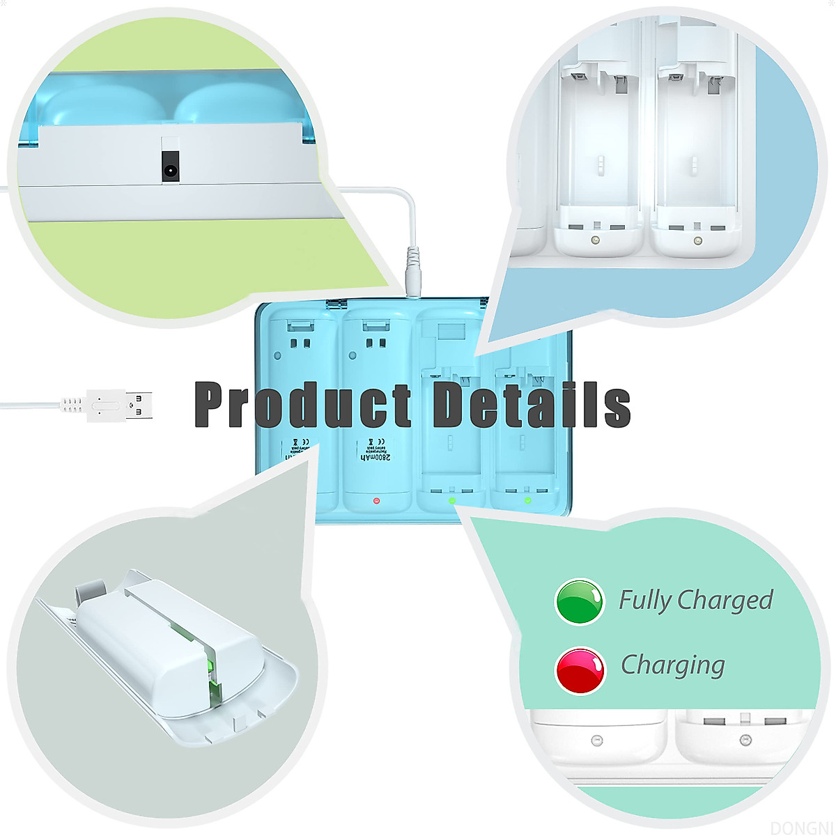 Battery Charger for Wii Remote Controller Battery, 4Pcs 2800mAh Rechargeable Battery Packs Compatible with Wii Controller