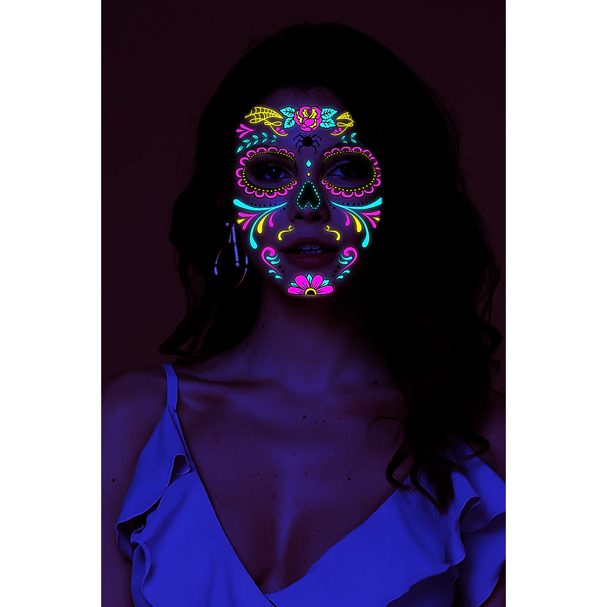 Beilingdun Halloween & Day of the Dead Sugar Skull Glowing Temporary Face Tattoos (8 Packs),Roses Spider Net and Floral Black Skeleton Web Red Roses Full Face Mask Tattoo for the halloween &Night Party