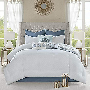 Madison Park Season Set, Matching Bed Skirt, Decorative-Pillows, Queen(90"x90"), Isla, Floral Medallion Blue 8 Piece