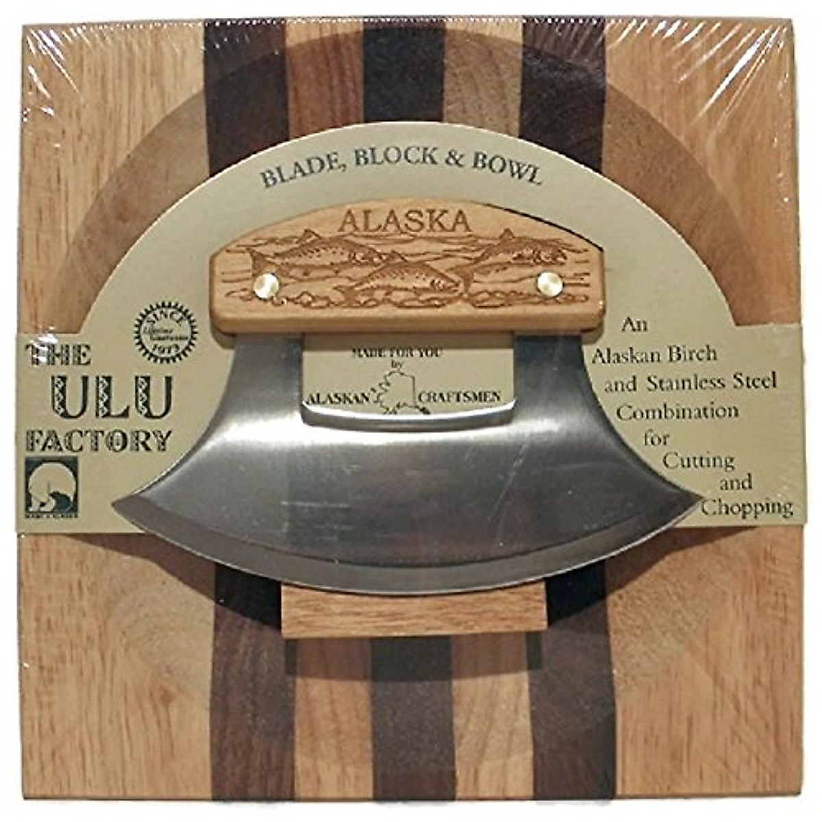 Large Alaska Ulu Bowl Set Salmon School Etched Handle (1)