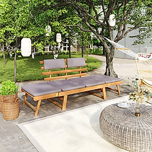 vidaXL 2-in-1 Convertible Outdoor Bench, Patio Daybed, Garden Day Bed, Weather-Resistant Solid Acacia Wood, 26.8" x 74.8" x 29.1" Brown Frame & Dark Gray Cushion