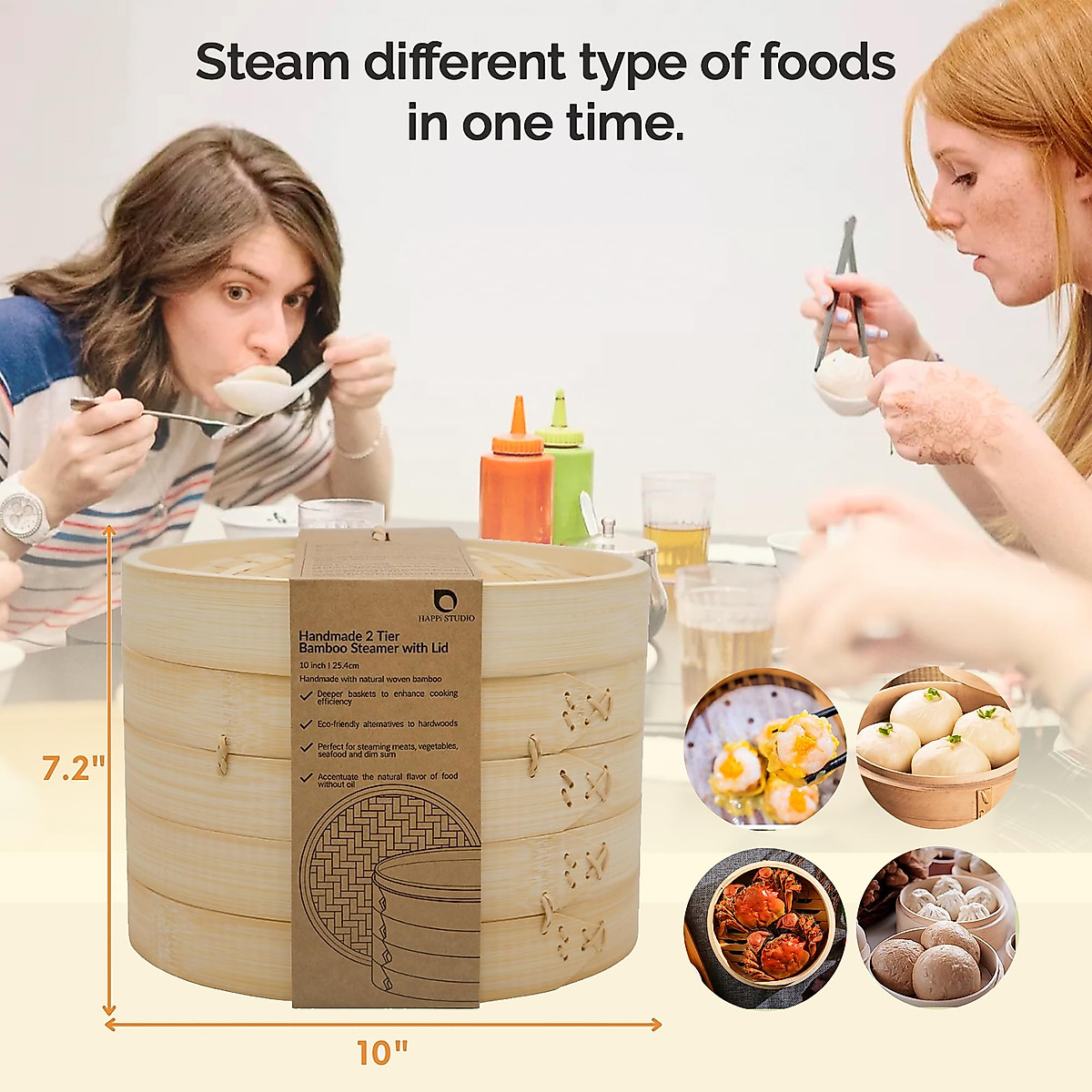 HAPPi STUDIO Bamboo Steamer Basket With Steamer Ring - 10 inch Dumpling Steamer Basket - Large Bamboo Steamer for Cooking Bao Buns, Dim Sum - Chinese Steamer Bamboo Steam Basket - Steaming Basket