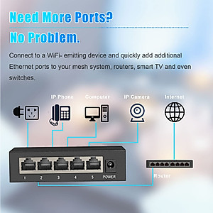 ienRon 5 Ports Gigabit Network Switch, Supported Desktop or Wall Mount Plug and Play with AI Detection Unmanaged Tiny Ethernet Splitter Network Switch in Metal Case, Red / Black