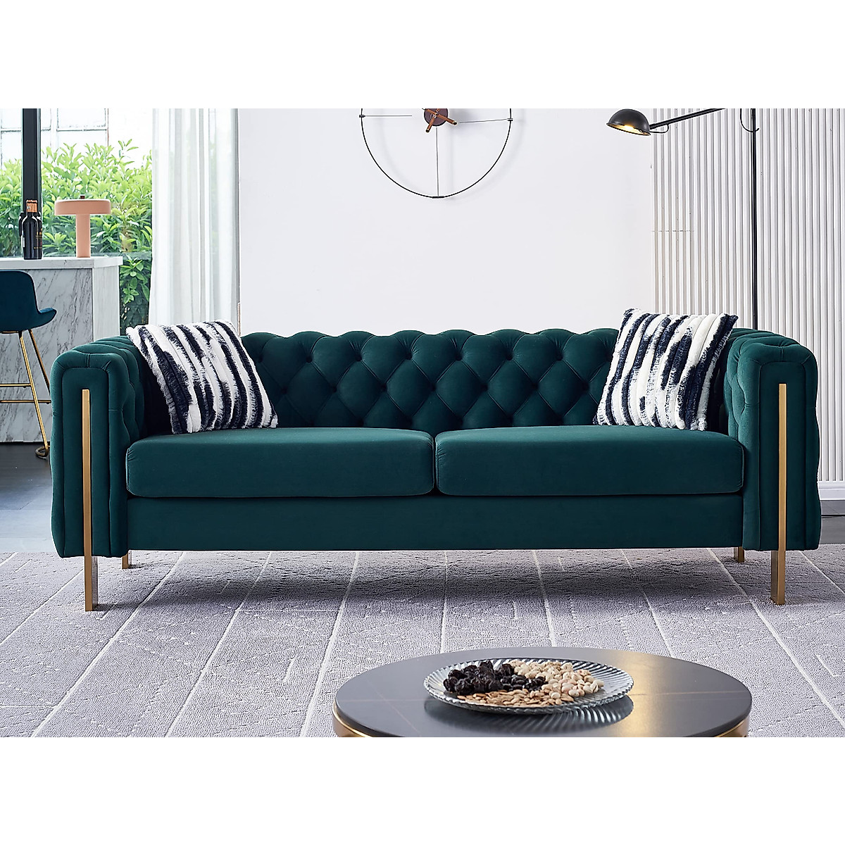 Kakotito Tufted Sofa Couch, 84 Inches Long Upholstered Sofa with 2 Pillows,High Arm and Strong Metal Legs, Couches for Living Room, Office, and Bedroom (Button Tufted, Green)