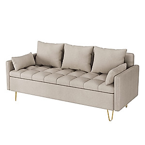 Senfot Sofa Couch Faux Leather 60" W Sofas with Lift-Up Storage and Comfortable Hand Stitched, Pillows, Modern Design with Button Tufted and Gold Metal Legs in Beige