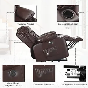 COOSLEEP Large Power Lift Recliner Chair with Massage and Heat for Elderly, Overstuffed Wide Recliners, Breathable Leather with Breathable microporous, USB Ports, 2 Cup Holders (Brown)