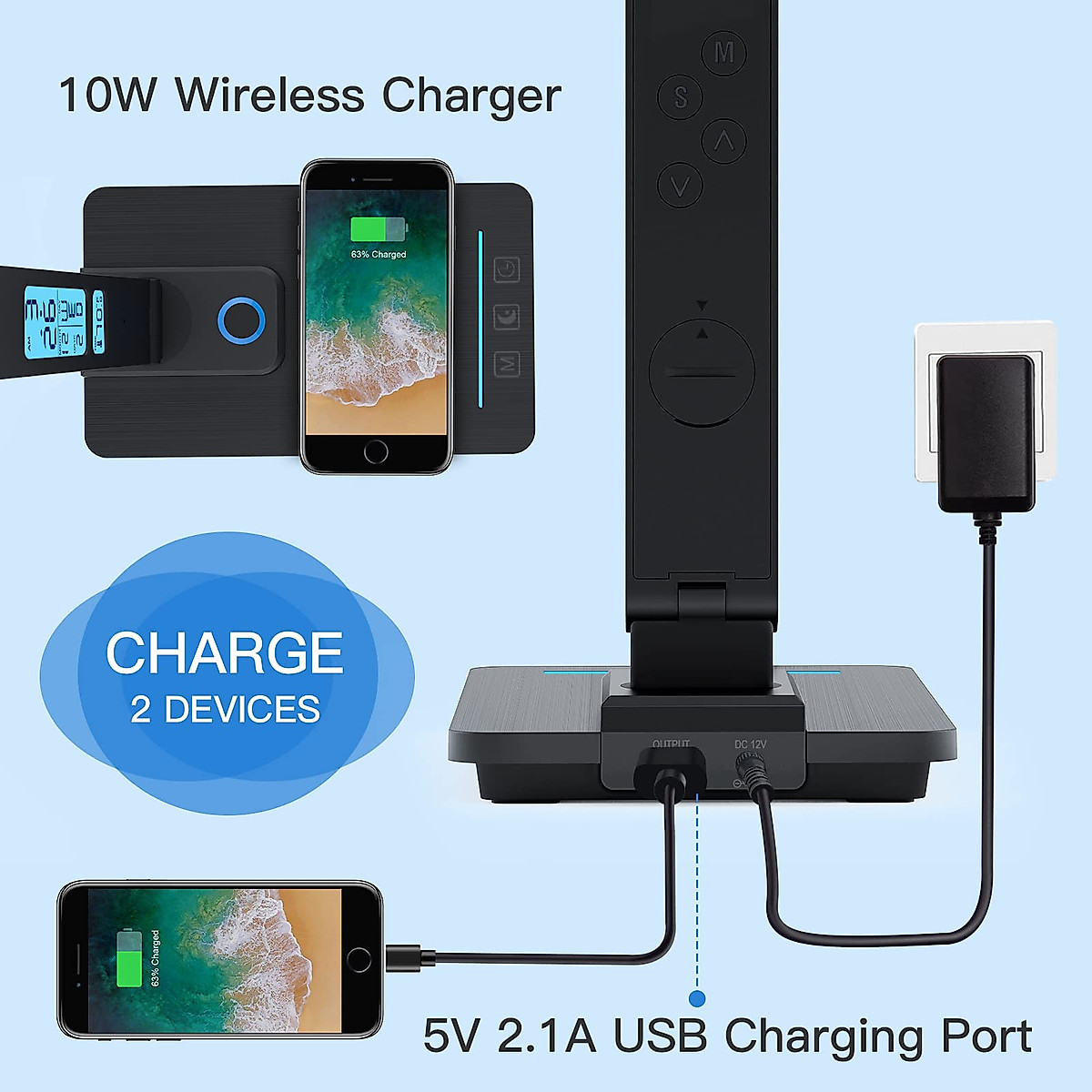 LED Desk Lamp with Wireless Charger: Desk Lamps USB Charging Ports for Home Office Bedroom - Touch Control with 5 Color Modes & Brightness Dimmable, 2 Night Lights, Eye-Caring for Reading(Black)