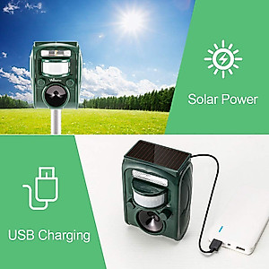 OULAIZ Solar Animal Repeller, Ultrasonic Mole Repellent, Rat, Squirrel, Deer, Raccoon, Skunk, Rabbit, Mole, Dog, Cat, Waterproof with Motion Detector, USB Rechargeable, Flashing Light (Green)