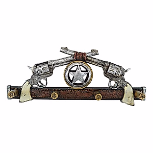 Ebros Gift Rustic Western Old World Dual Six Shooter Revolver Gun Pistols with Western Star 4 Pegs Coat Key Hat Leash Wall Hanging Bullet Ammo Shaped Hooks Country Decorative Organizer