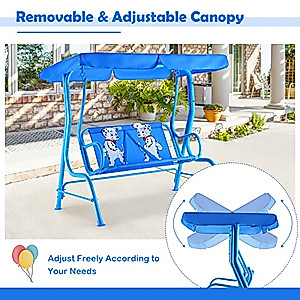 Costzon Patio Swing, All-Weather Porch Swing w/ Safety Belt, 2 Seats Outdoor Lounge Chair Hammock w/ Removable Canopy, Outdoor Swing Bench for Backyard Lawn Garden (Puppy Pattern, Blue)