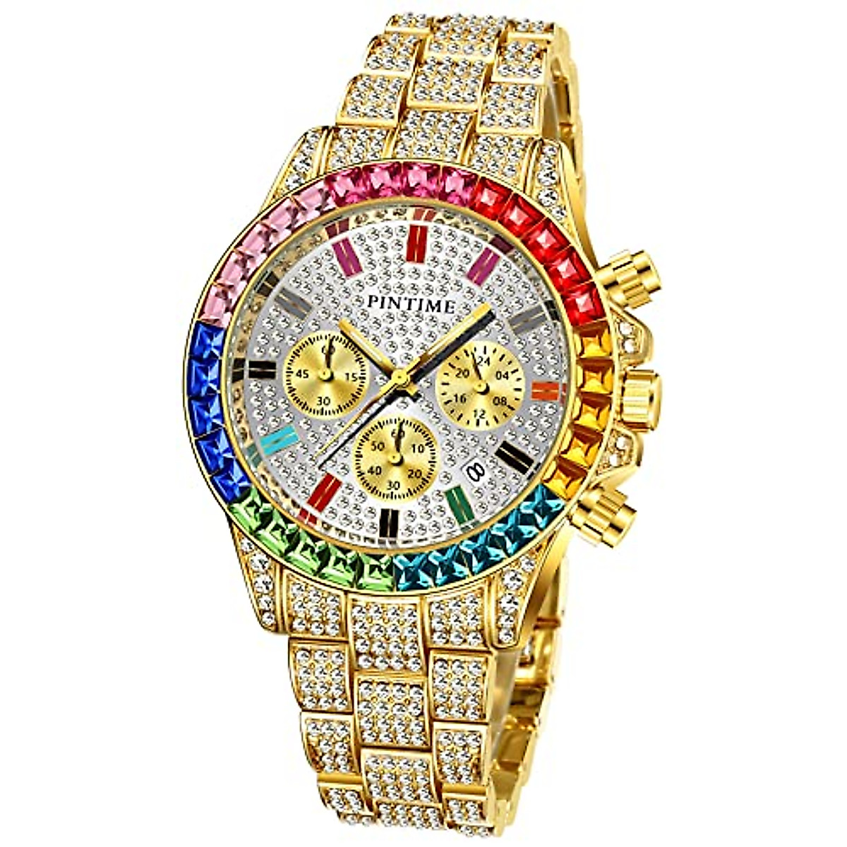 Gosasa Luxury Bling-ed Out Colorful Dial Full Diamond Hip Hop Rocks Watches Fashion Quartz Analog Stainless Steel Bracelet Wrist Watch (Gold)