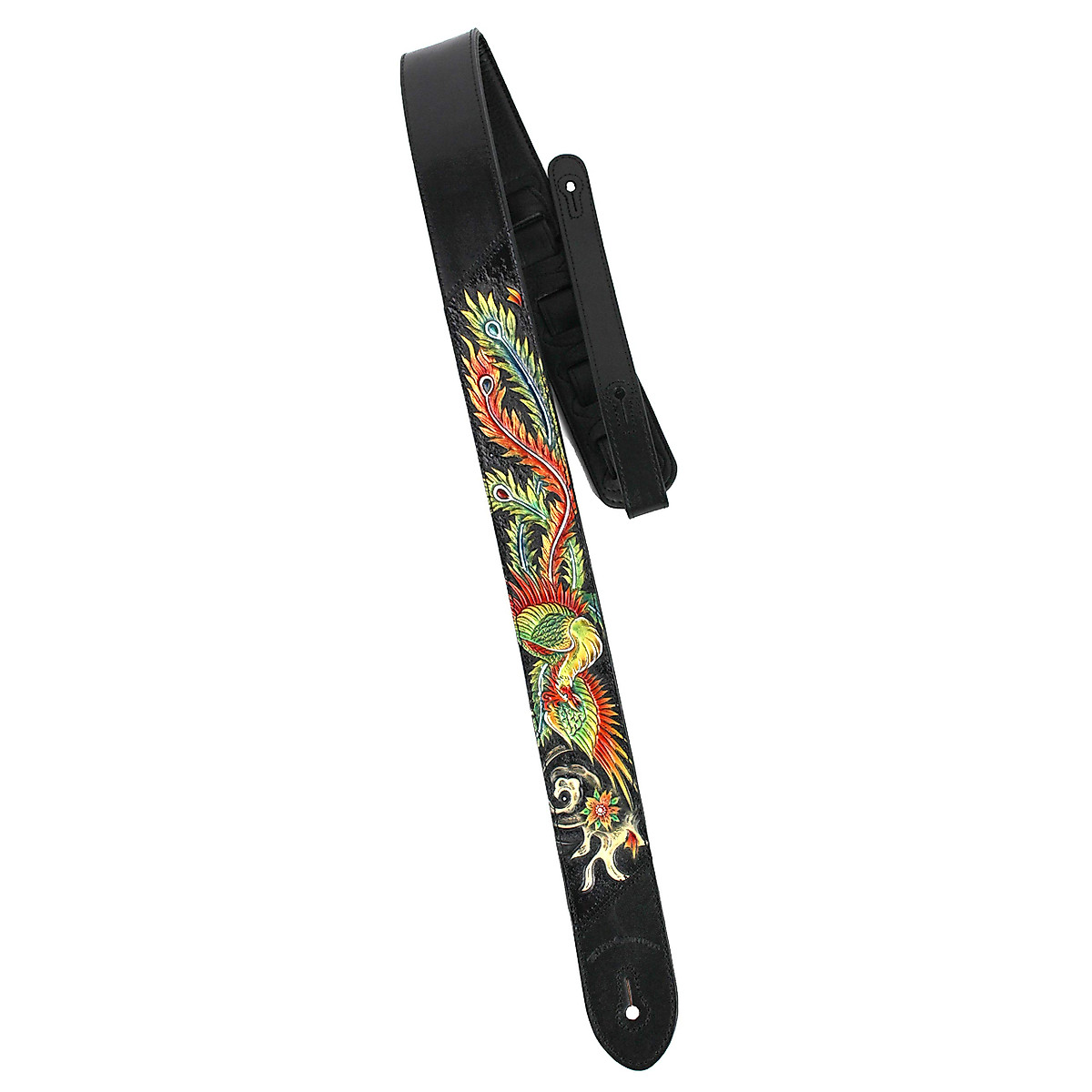 Walker And Williams KB-31 Skinny Series 2" Wide Flat Black Premium Grain Leather Padded Guitar Strap With Hand Tooled Red And Gold Phoenix Design