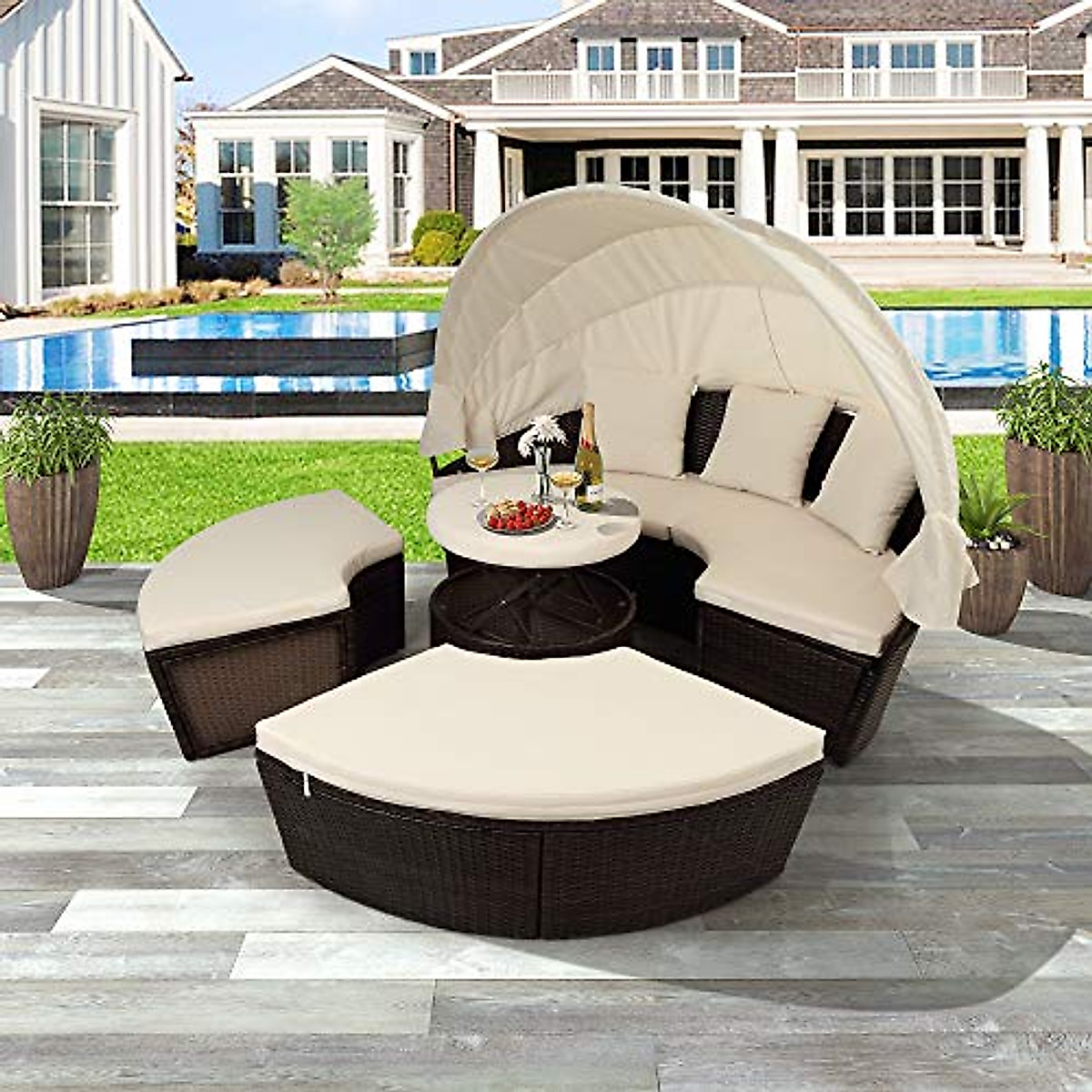 Merax Patio Round Daybed Furniture Set with Retractable Canopy, Coffee Table & Waterproof Cushions, Outdoor Wicker Rattan Sectional Sofa Set for Garden Poolside Backyard Lawn Porch (Beige, 4 Piece)