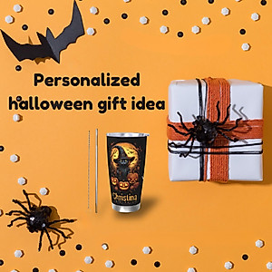 LoGiftFor Personalized Halloween Black-Cat Tumbler - Witch Pumpkin Halloween Gifts For Women Men - Spooky Season Cat Gift For Cat Lovers - Custom Halloween Tumblers Coffee Cup 20oz Lid