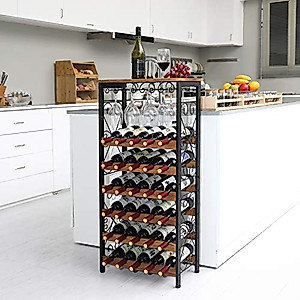 X-cosrack Rustic 30 Bottles Floor Wine Rack Shelf with Wine Glass Holder Rack, Freestanding Wobble-Free 6 Tier Wine Bottle Organizer Display Storage Stand for Kitchen Pantry Patent Pending