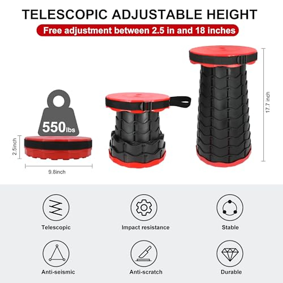 Aiuca Folding Camping Stool, Upgraded Portable Telescoping Stool, Lightweight Collapsible Stool with Elastic Seat Cushion& Adjustable Nylon Bag, Max Load 550lb for Camping Fishing Hiking Travel BBQ