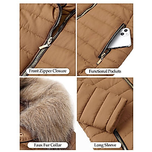 Vetinee Women Casual Faux Fur Lapel Zip Pockets Quilted Parka Jacket Puffer Coat Almond Brown X-Large (Fits US 16-US 18)