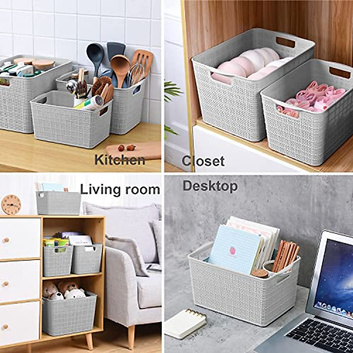 AYSUM 8 Pack Plastic Storage Basket, 9.7 x 6.5 x 5.5 Inch, Small Plastic Baskets Stackable Plastic Woven Organizer with Handle for Home Office - Grey
