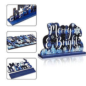 4 Pcs Blue Christmas Table Decor Signs Christmas Table Centerpieces Joy Sign Wooden Christmas Decorations for Winter Snow Happy Holiday Xmas Buffalo Plaid Dinner Tier Tray Coffee