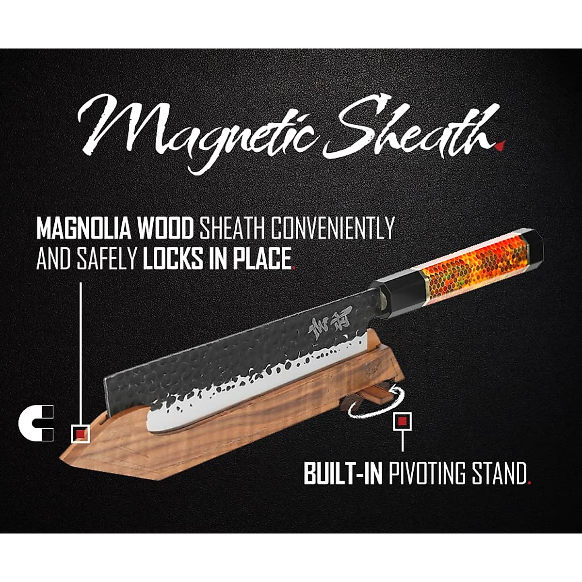 Concord Genbu Traditional Japanese Chef's Knife Raw Hammered Double Beveled 9CR18MOV Blade w/ 60 HRC. Tortoise Shell Resin Handle. Comes with Magnetic Magnolia Wood Sheath with Stand. (7" Nakiri)