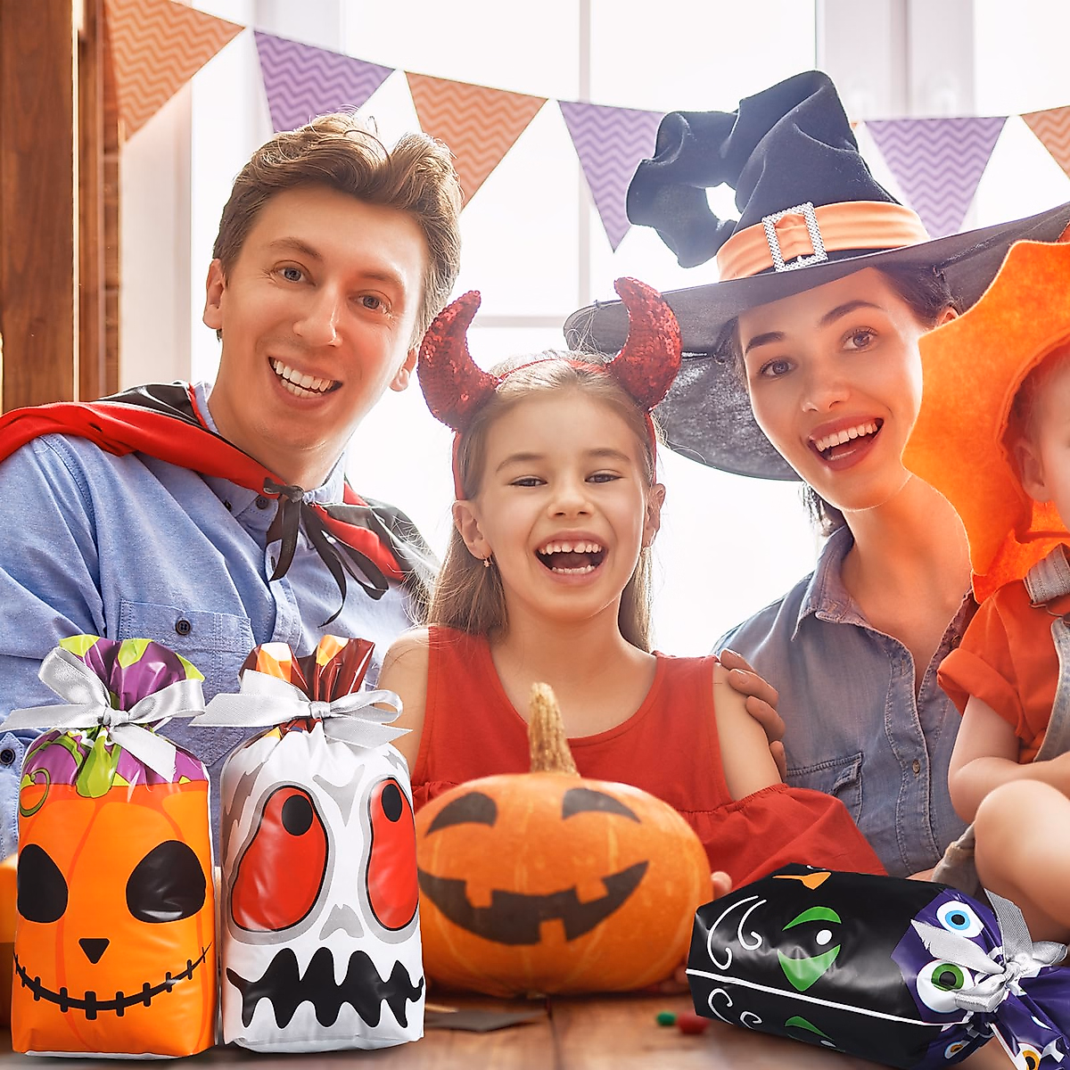 Funrous 48 Pcs Halloween Drawstring Treat Bags Bulk Halloween Plastic Candy Goodie Bags Trick or Treat Party Gift Bags for Kids Birthday Halloween Theme Party Favors Supplies